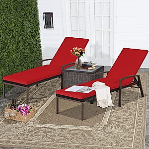 COSTWAY 2PCS Patio Rattan Lounge Chair, Back Adjustable (Red)
