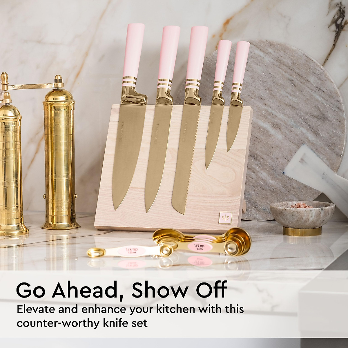 Pink Knife Set with Magnetic Knife Block - 6 PC Pink and Gold Knife Set with Block Includes Pink Kitchen Knife Set & Ashwood Magnetic Knife Holder - Pink Kitchen Accessories