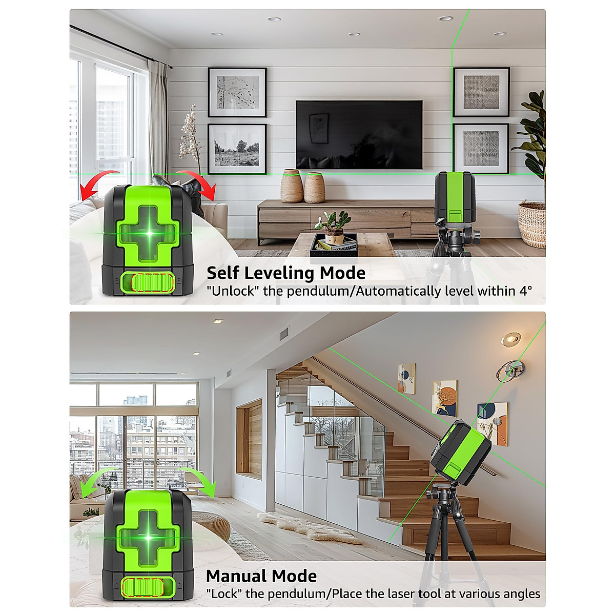 HUEPAR Laser Level Self-Leveling - 100 feet DIY Bright Green Cross Line Laser Leveler for Picture Hanging, Tile, Decoratio and Construction Indoor Project, 360° Magnetic Base & Battery Included