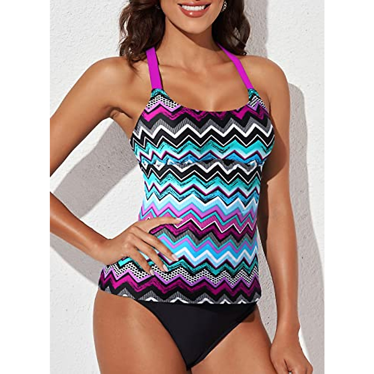 Aleumdr Womens Ladies Striped Zigzag Print Color Block Open Back Bandeau Blouson Push up Tankini Swim Bikini Top No Bottom Swimsuit Bathing Suit Swimwear Purple Plus Size 3XL 22 24