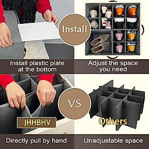 LZOTIC Shoe Organizer for Closet, Adjustable Shoe Box Storage Containers, Large Foldable Shoe Storage Bins with Clear Cover, Space Saving Shoes Holder with 4 Handles, Fits 8-16 Pairs, 1 Pack, Beige