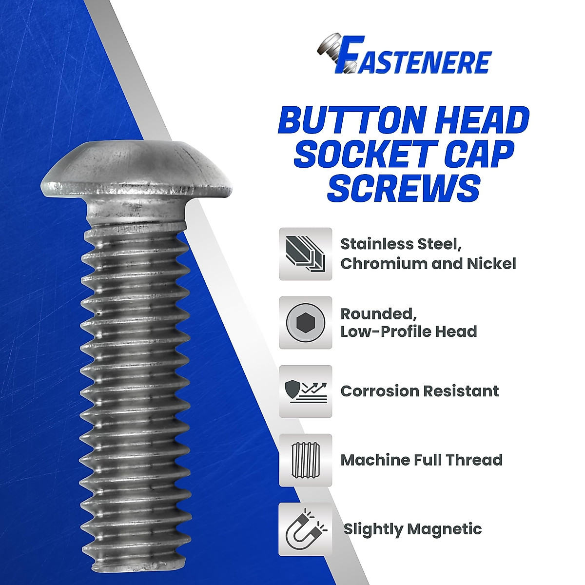 Fastenere Button Head Socket Cap Screws - 1/4-28 x 3/4" (25 Pack) Stainless Steel 18-8, Full Thread, Bright Plain Finish, Corrosion-Resistant, Machine Thread, Easy to Install w/Allen Socket Drive