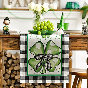 Artoid Mode Buffalo Plaid Dots Shamrocks St.Patrick's Day Table Runner, Seasonal Kitchen Dining Table Runner for Home Party Decor 13x72 Inch