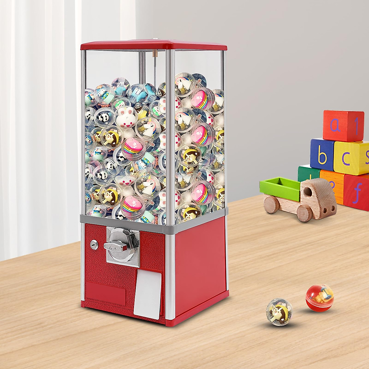 LOHISHILO Vending Machine, Commercial Vending Machine, Prize Machine, Commercial Vending Machine for 2 Inch Round Capsules Gumballs Bouncy Balls, 700-800 Coins, Red