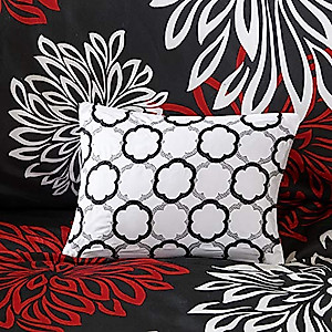 Comfort Spaces Enya Comforter Set-Modern Floral Design All Season Down Alternative Bedding, Matching Shams, Bedskirt, Decorative Pillows, Queen(90"x90"), Red/Black