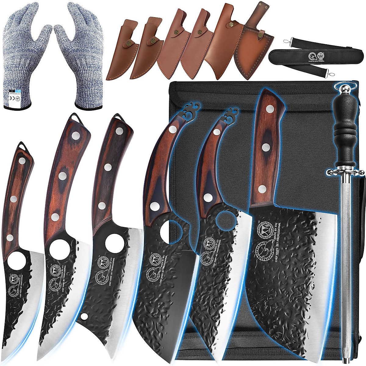 XYJ FULL TANG Camping Knives Set Chinese Butcher Vegetable Chef Knives Slice Boning Knives With Leather Sleeves&Roll Bag&Kitchen Tools