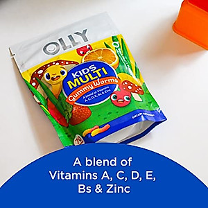 OLLY Kids Multivitamin Gummy Worms, Overall Health and Immune Support, Vitamins and Minerals A, C, D, E, Bs and Zinc, Chewable Supplement, Sour Fruit Punch, 45 Day Supply - 70 Count