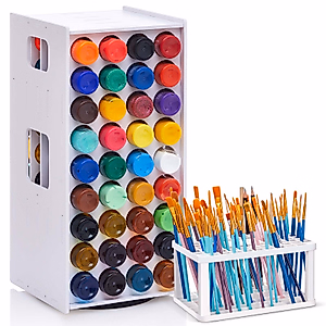 Juexica Acrylic Paint Organizer Craft Paint Storage for 2 oz Craft Paints with Paintbrush Stand Vertical Paint Organizer Holder Wall Mounted Stand Plastic 360 Spinning Paint Storage Tower(72 Holes)