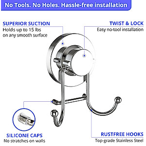 HOME SO Suction Cup Hooks for Shower, Bathroom, Kitchen, Glass Door, Mirror, Tile – Loofah, Towel, Coat, Bath Robe Hook Holder for Hanging up to 15 lbs – Rustproof Chrome Stainless Steel (1-Pack)