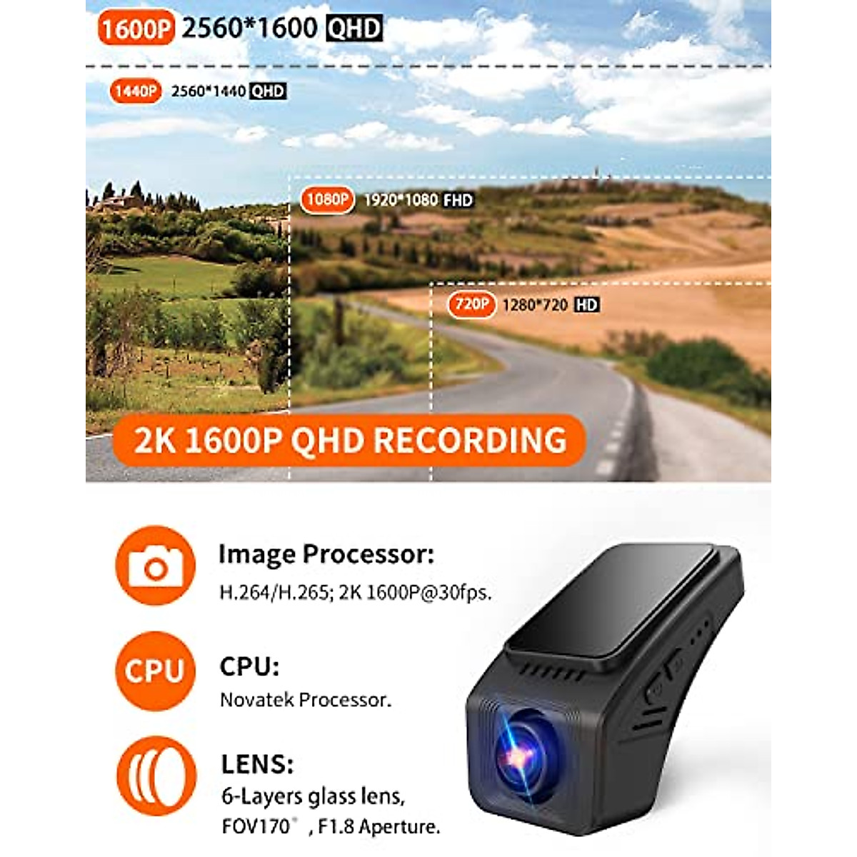 AX2V 2K Dash Cam for Cars with Super Night Vision, 170° Wide Angle, APP Control - Screenless 1600P OE Fit Dash Camera with WDR, G-Sensor, Loop Recording, Parking Mode, Built-in 32GB eMMC Storage
