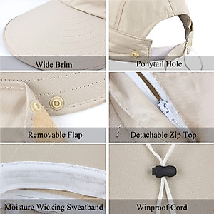 Women Summer Sun Protection Hat Wide Brim UV Hats Removable Neck Face Flap Cap with Ponytail Hole for Fishing Climbing Gardening Beige