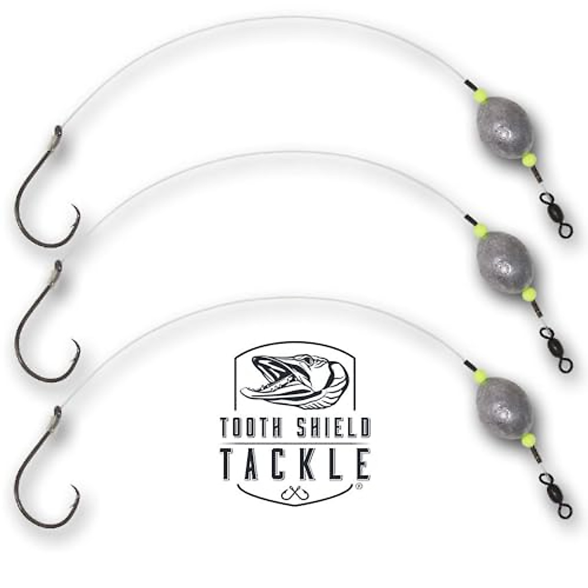 3 Pack Tooth Shield Tackle Carolina Drum Rig Redfish Rig Catfish [80lb Fluorocarbon - 4/0 Circle Hook] 3 oz Weight Offshore Saltwater Big Game Grouper Snapper Leaders Rigs Bottom Fishing [Chartreuse]