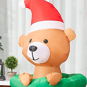 HOMCOM 4.5 ft. Christmas Inflatables Outdoor Decorations Bear in Santa Claus Toy Bag, Blow-Up Holiday Yard Christmas Decor with LED