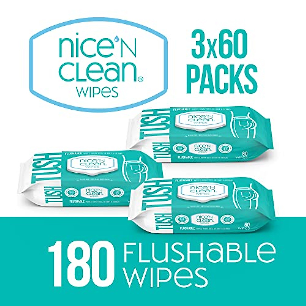 Nice 'N Clean Adult Flushable Wipes (3 x 60 Count) | Personal Cleansing Wipes Made from Plant-Based Fibers | Infused with Aloe & Vitamin E