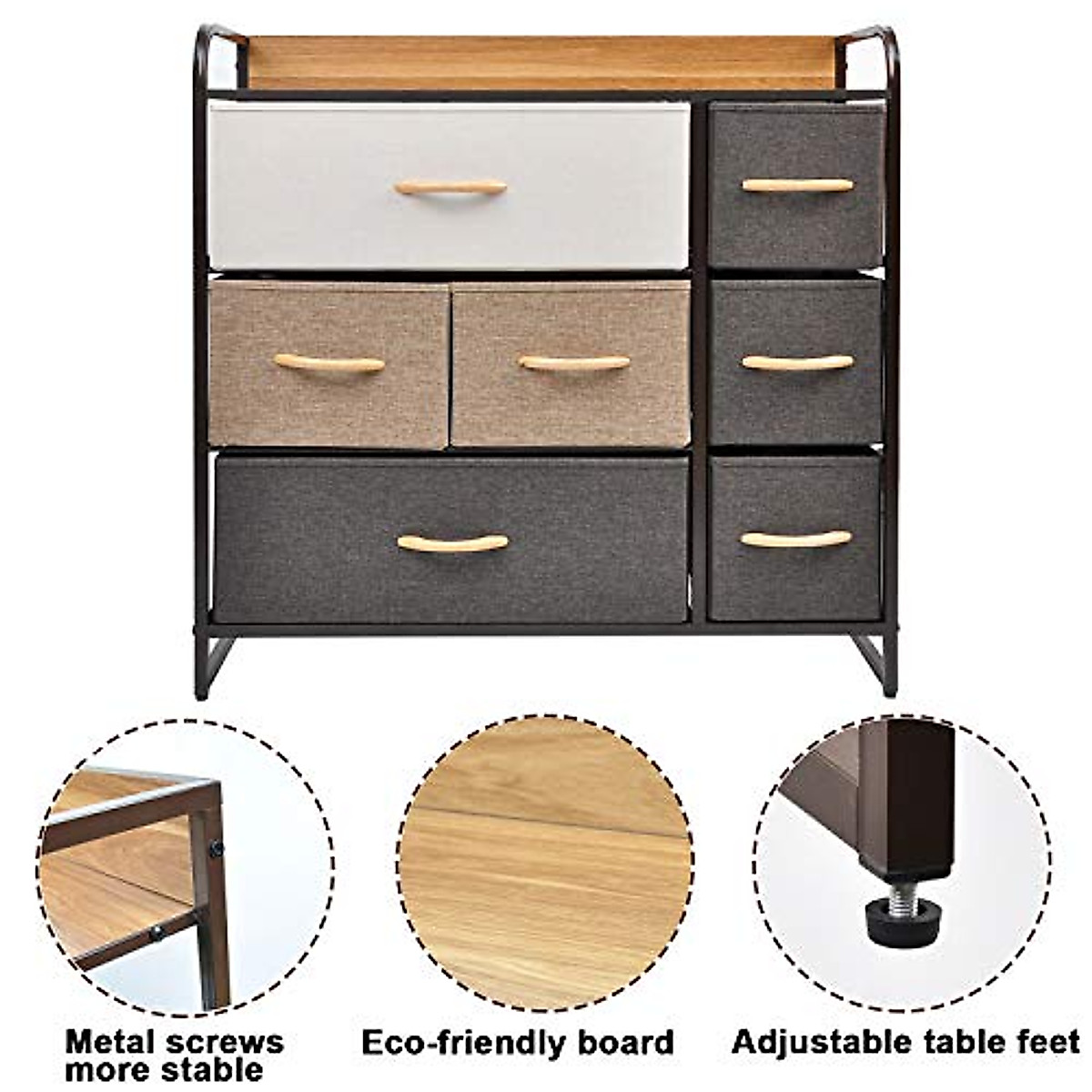 CERBIOR Drawer Dresser Closet Storage Organizer 7-Drawer Closet Shelves, Sturdy Steel Frame Wood Top with Easy Pull Fabric Bins for Clothing, Blankets - Mixture