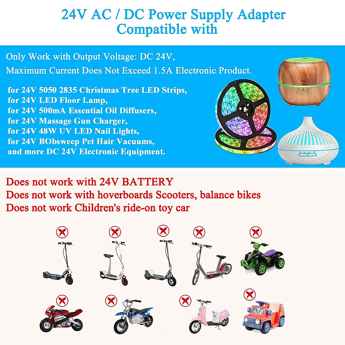 TKDY 24V DC Power Supply Cord, 100-240V AC to DC 24 Volt 1.5A 1A 0.5A 24Vdc Power Adapter, for DC24V LED Strip Lights Diffuser Humidifier and More (Not 24V Battery Charger).