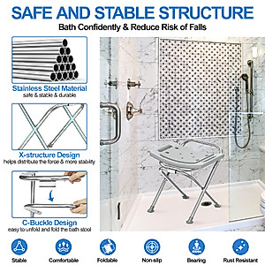 UGarden Folding Shower Chair Seat, Stainless Steel Small Shower Chair for Inside Shower with Pad/Grab Bar, 400lbs Portable Travel Shower Stool, Safety Anti-Slip Bath Chair for Seniors, Disabled, Gray