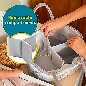Cradle Star Diaper Caddy Organizer – Portable Baby Basket Diaper Storage Organizer with Compartments – Baby Diaper Caddy for Changing Table Nursery, Elephant Baby Shower Gifts - 100% Cotton Rope, Gray