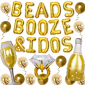Mardi Gras Bachelorette Party Decoration Gold - Beads Booze and I Dos Balloon Banner for Fat Tuesday New Orleans Bridal Shower Nola Engagement Hen Party with Ring Champagne Bottle Glass Goblet Balloon