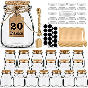 Folinstall 7oz Small Glass Jars with Cork Lids, 20 Pack Yogurt Container with PE Lids for Candy, Cake, Pudding, Yogurt, Jam, Empty Candle Jars for Candle Making, with Spoons, Labels, Tags