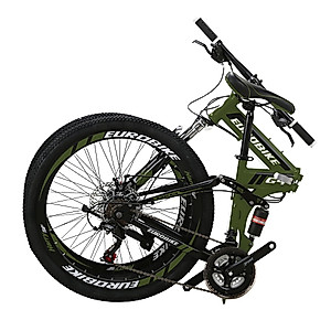 EUROBIKE Adult Folding Bike HY G6 Bicycle 26 Inches Muti Spoke Wheels 21 Speed Dual Suspension Folding Mountain Bike (G6 ArmyGreen -KT 32 Spoke)