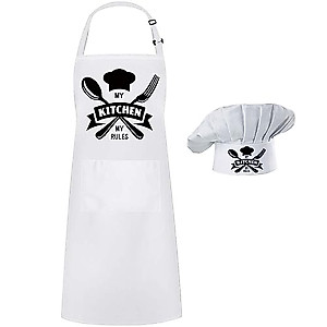 Hyzrz Chef Apron Hat Set,My Kitchen My Rules,Chef Hat and Apron Adjustable Baker Costume with Pocket Dad Apron for Kitchen Grill BBQ Men and Women Father's Gift (White)