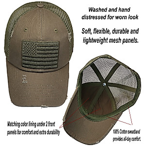 Antourage American Flag Unconstructed Hat for Men and Women Twill Mesh Snapback Baseball USA Flag Cap + 2 Patriotic Patches ((02) Olive Distressed Mesh Snapback)