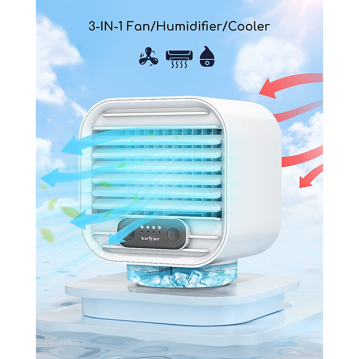 Portable Air Conditioner, 3-in-1 Mini Air Conditioner with 3 Speeds, Built-in 2000mAh Battery and Removable Water Tank, Quiet Personal Air Cooler Easy to Carry for Home Dorm Office Outdoors