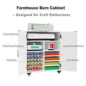 Craft Organization and Storage Rolling Cart Compatible with All Cricut Machines, Modern Farmhouse Craft Cabinet with 25 Vinyl Roll Holders, Craft Table with Barn Door for Cricut Accessories Storage