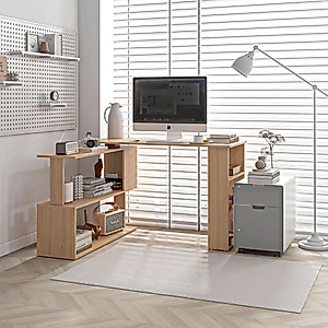 HOMCOM L Shaped Corner Desk, 360 Degree Rotating Home Office Desk with Storage Shelves, Writing Table Workstation, Maple