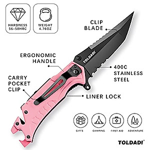 Toldadi 7-in-1 Multitool Pink Pocket Knife for Women - 3.2" Folding Pocket Knife with Spring Assisted Opening, Clip, Liner Lock - Versatile Tool for Outdoor, Camping, Survival, Hiking