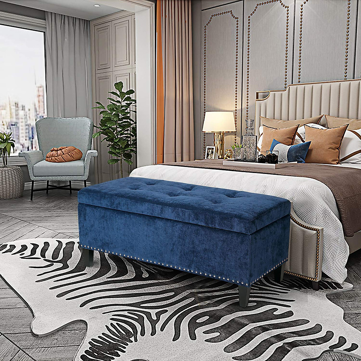 Joveco Storage Ottoman Bench Microfiber Rectangular Button Tufted Footstool Storage Room Organizer (Dark Royal Blue)