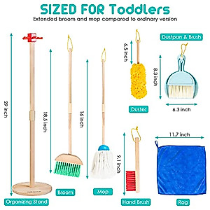 HELLOWOOD Kids Cleaning Set, 8pcs Housekeeping Play Set Includes Broom Mop Duster Dustpan Brushes Rag and Organizing Stand, Cleaning Toys Gift for Toddlers Girls Boys Age 3-6, Solid Beech Wood