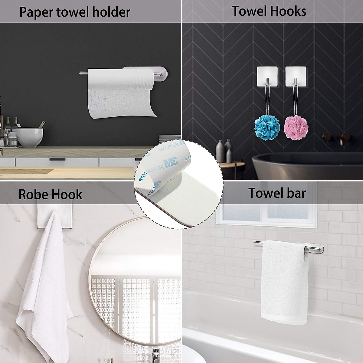 Paper Towel Holder - Self Adhesive Paper Towel Rack Under Cabinet Mount SUS304 Stainless Steel for Kitchen Bathroom Large Roll Paper, 4 Piece (Matte Black)