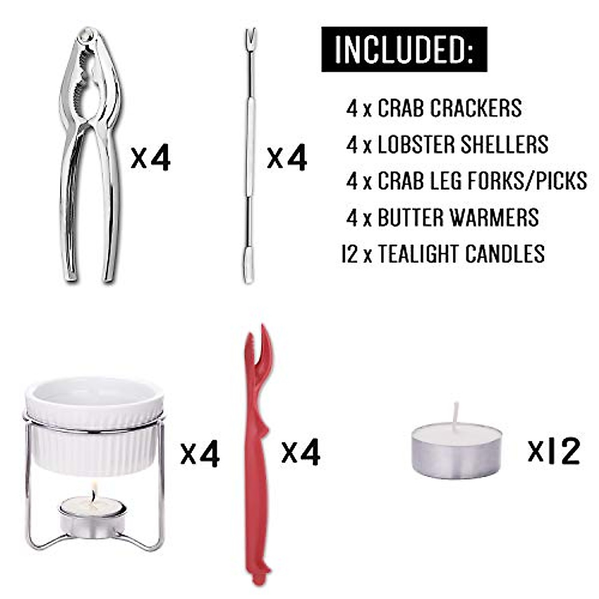 Hiware 28-Piece Crab Crackers and Tools Set - Crab Lobster Leg Crackers and Picks Seafood Tools, Includes Crab Crackers, Butter Warmers, Lobster Shellers, Crab Forks and Tealight Candles
