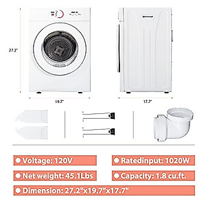 Euhomy Compact Dryer 1.8 cu. ft. Portable Clothes Dryers with Exhaust Duct with Stainless Steel Liner Four Function Small Dryer Machine, Suitable for Apartments, Dorm, RVs, White