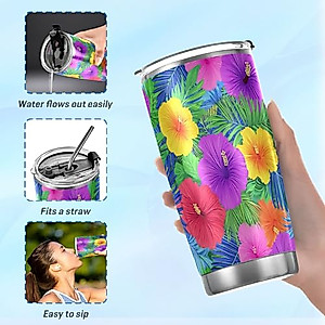HXshaoye Hawaiian style tropical flowers palm leaves bright neon colors Stainless Steel water bottle with straw with Straw Lid travel coffee mug with lid for camping portable mug 20 oz vaso térmico