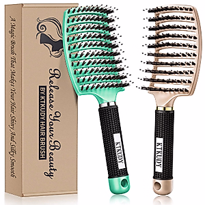 KTKUDY Detangling Brush Getting Knots Out without Pain - Boar Bristles Hair Brush Make Hair Shiny & Healthier Vented Detangler Brush for Women Men Kids Wet and Dry Hair (Gold & Green)
