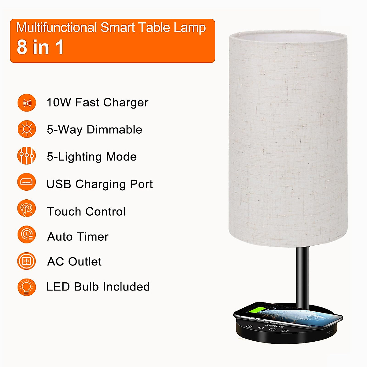 AFROG Bedside Table Lamp with 10W Fast Wireless Charger, USB Port, 5 Brightness,5 Lighting Mode,40/60 Min Auto Timer, Nightstand Bedside Lamp for Bedroom (LED Bulb Included)