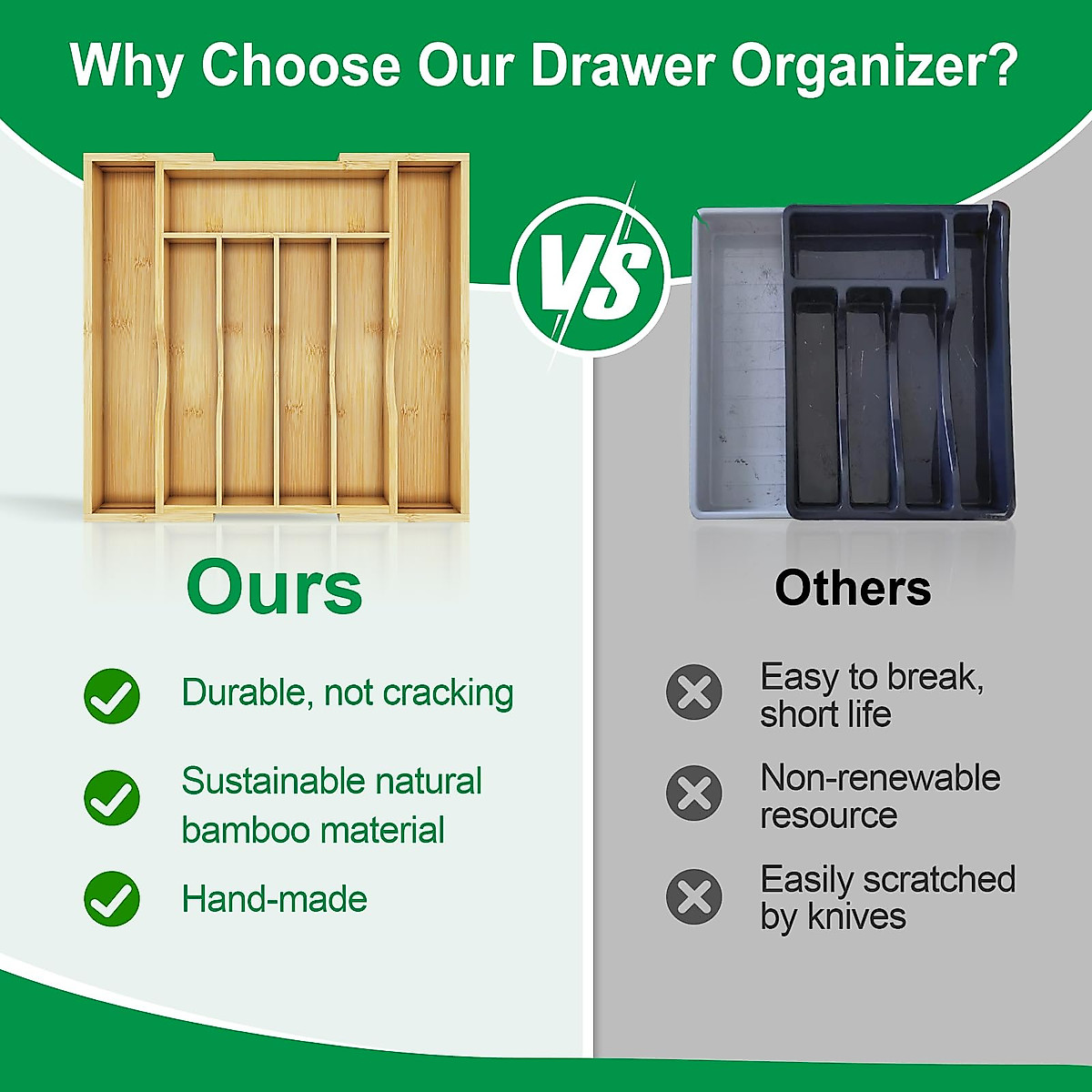 BAMBUROBA Drawer Dividers Silverware Tray Expandable Utensil Cutlery Tray Bamboo Wooden Adjustable 4 Compartments Flatware Organizer Kitchen Storage Holder for Knives Forks Spoons