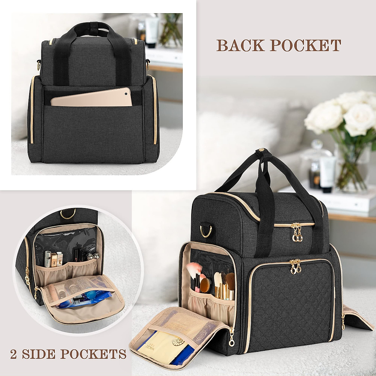 LUXJA Travel Makeup Bag with 2 Removable Cases, Cosmetic Bag with Multiple Storage Sections (Patent Pending), Black