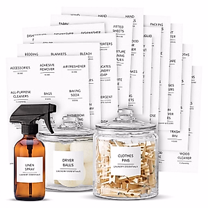 Talented Kitchen 144 Minimalistic Laundry Room Labels for Glass Jars, Preprinted Linen Closet Stickers for Containers, Bathroom Organization, Cleaning Supplies (Black)