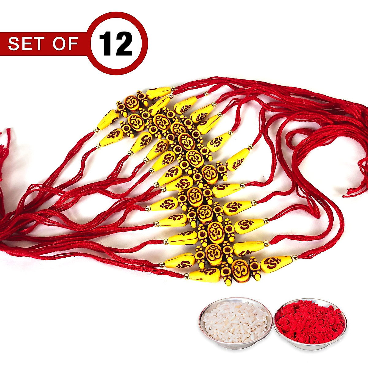 KSJONE Set of 12 Om Design Rakhi Thread, Rakhi for Brother, Raksha Bandha Gift for Your Brother, Rakhi Bracelet for Loving Sibling, Father, Bhabhi, Bhaiya with Roli Chawal (Design 2)