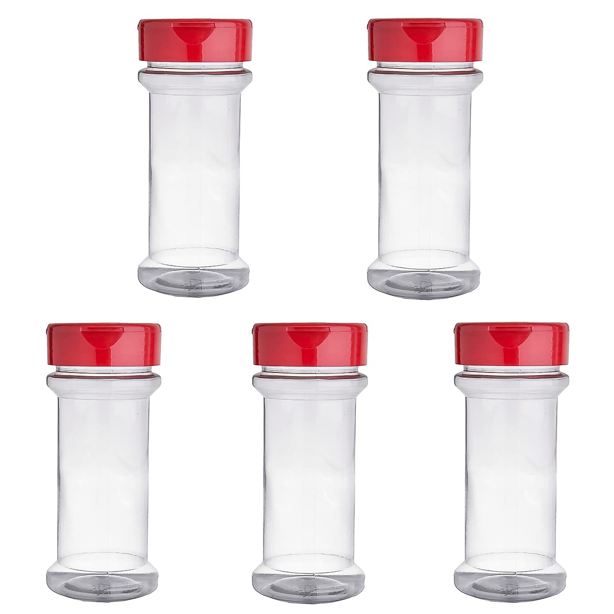 Skyway Supreme 7 OZ Clear Plastic Spice Bottles Seasoning Containers Jars - Set of 5 - Flap Cap with Pour and Sifter Spice Shaker - Durable Refillable Perfect For Herbs Spices and Rubs - BPA Free