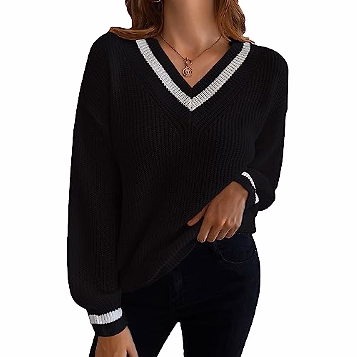 Verdusa Women's Ribbed Knit Drop Shoulder Sweater V Neck Long Sleeve Pullovers Black M