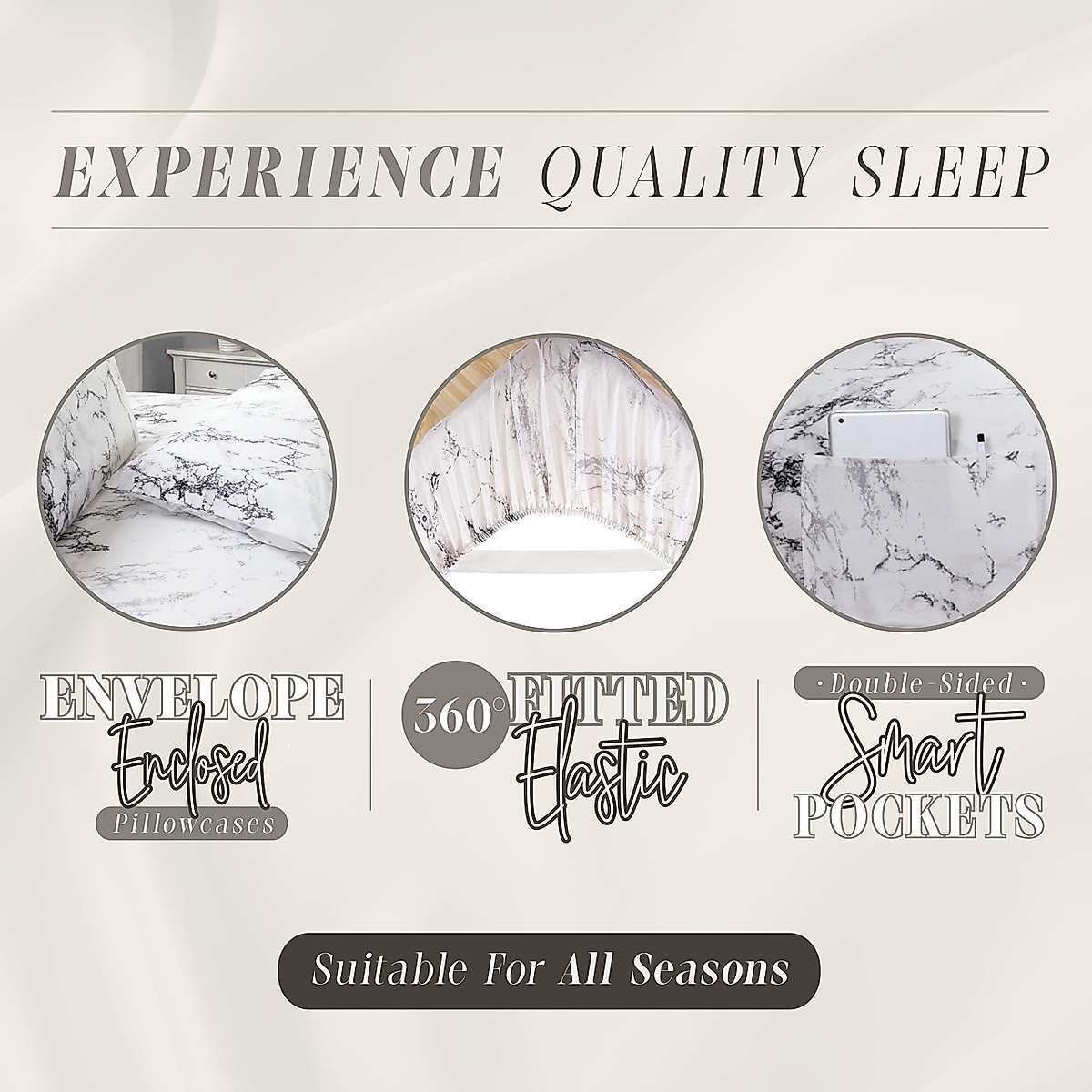 Elegant Comfort Eloise Marble Printed 6-Piece Sheet Set, 1500 Premium Hotel Quality Microfiber, Soft, Wrinkle and Fade Resistant, Fitted Sheets with Smart Pockets, Marble Sheet Set, Queen, White