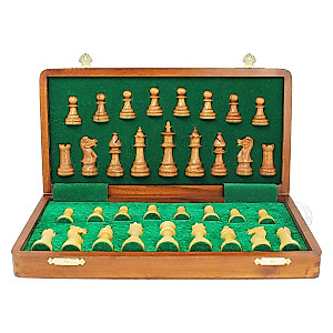 House of Chess - Victorian Staunton Golden Acacia Wood Chess Set - 14 x 14 Inches Wooden Folding Chess Board with Algebraic Notation - Wooden Chess Pieces with King Height 3 Inches + 2 Extra Queens