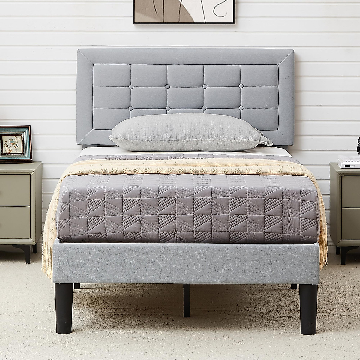 VECELO Twin Size Bed Frame with Adjustable Headboard, Upholstered Button Tufted Platform Bedframe with Wood Slats Support, No Box Spring Needed, Moon Grey