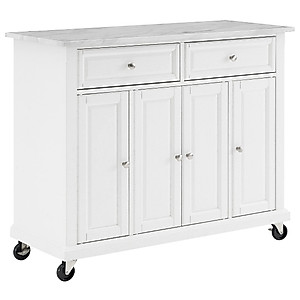 Crosley Furniture Avery Rolling Kitchen Island Storage Cart with Shelves, Microwave Stand, Coffee Bar, Distressed White