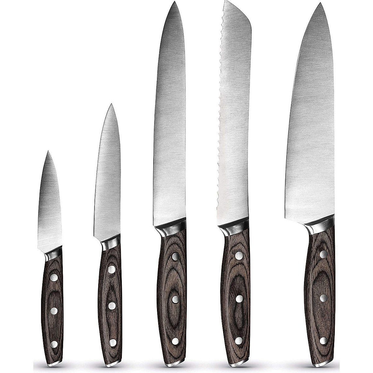 Art and Cook Stainless Steel 5 Piece Knife Set with 1 Magnetic Block: 8" Chef's Knife, 8" Slicer Knife, 8" Bread Knife, 5" Utility Knife, 3.5" Paring Knife, 1 Ash Wood Block